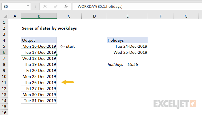 Series Of Dates By Workdays Excel Formula Exceljet